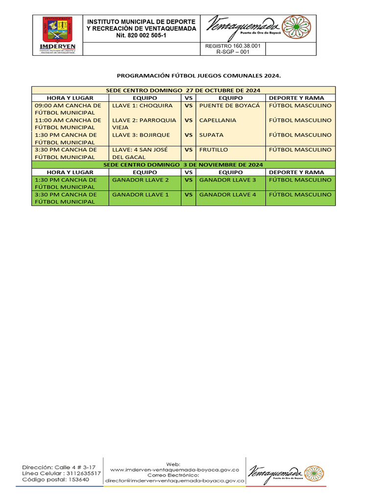 Programacion Futbol 27-Oct Juegos Comunales 2024 | PDF