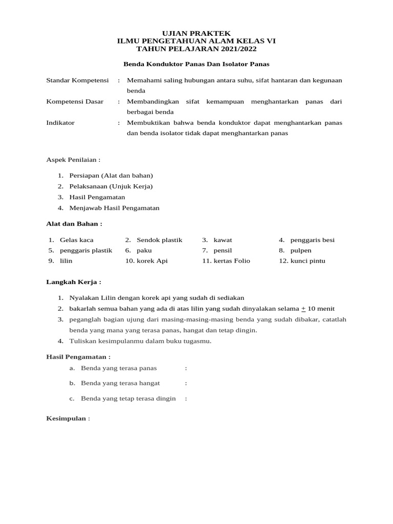 UJIAN PRAKTEK Ipa Kelas VI | PDF | Teknologi & Rekayasa