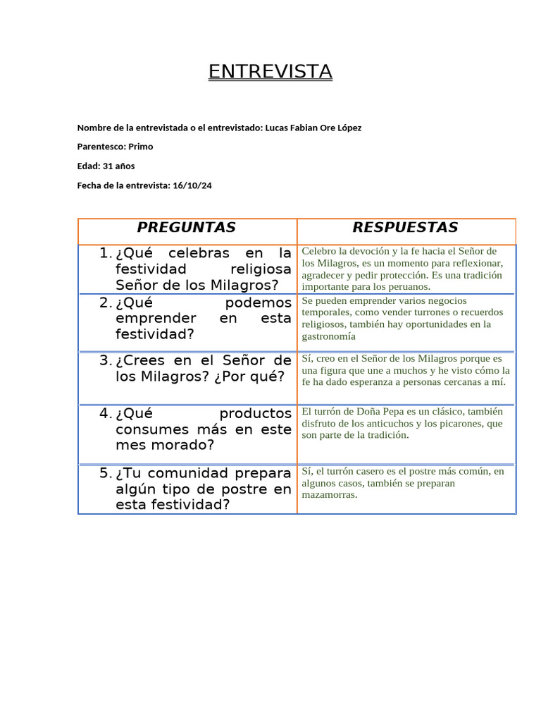 ENTREVISTA D 1v | PDF | Postres