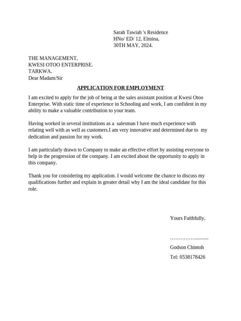 Application For Employment As Sales Assistant | PDF
