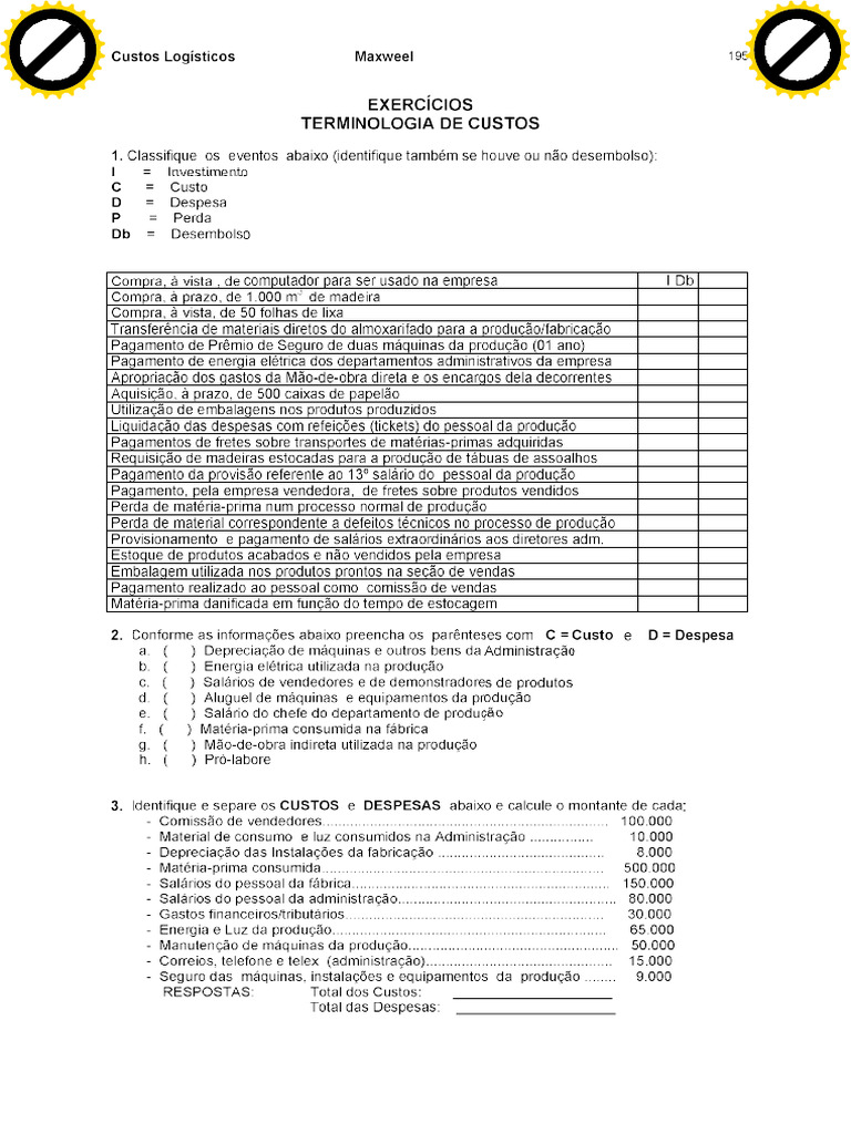 Exercicio Da Apostila - CLASSIFICACAO CUSTOS | PDF
