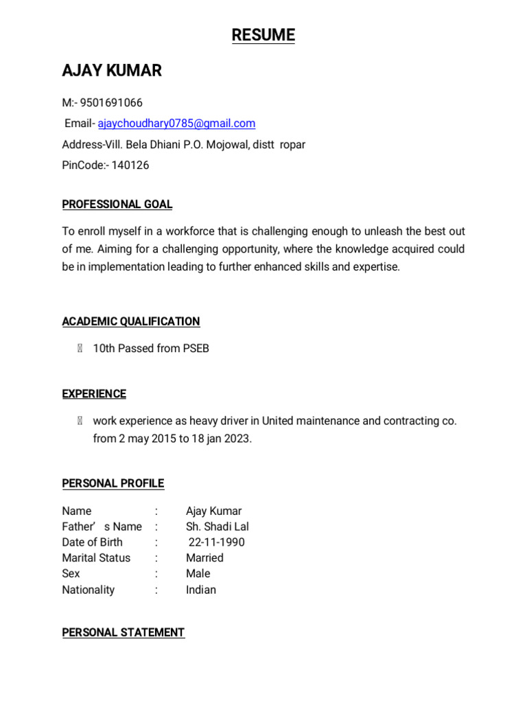 Ajay Kumar - Heavy Driver Resume | PDF | Career & Growth