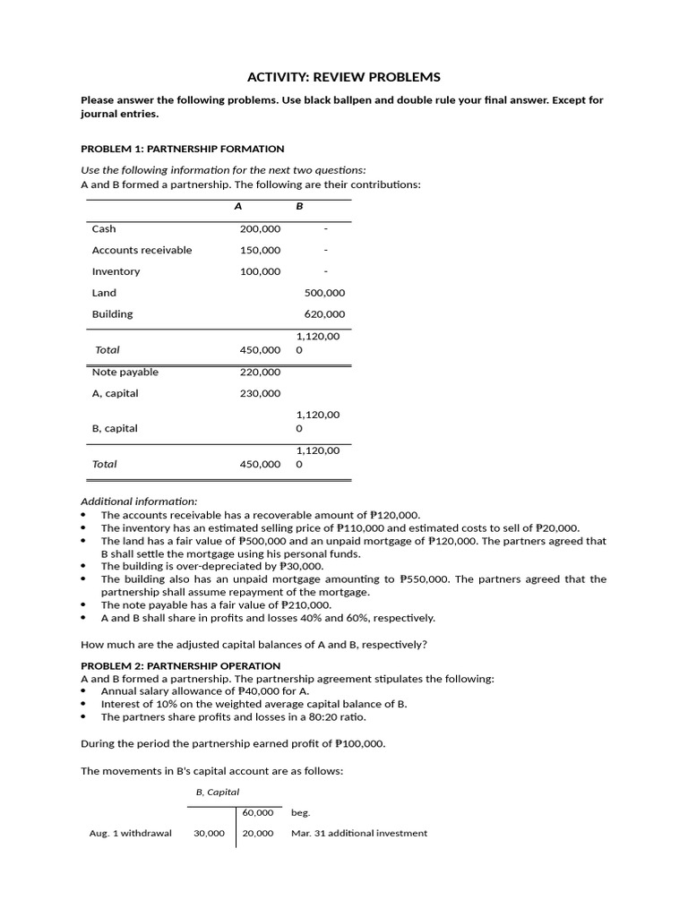 Ast Activity Review-Problems | PDF | Equity (Finance) | Partnership