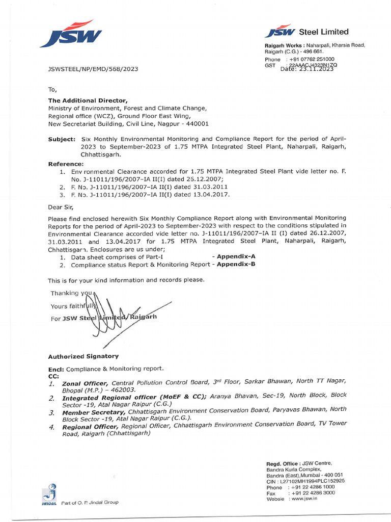 Six Monthly EC Compliance Period of April 2023 To Sept 2023 JSW Steel ...