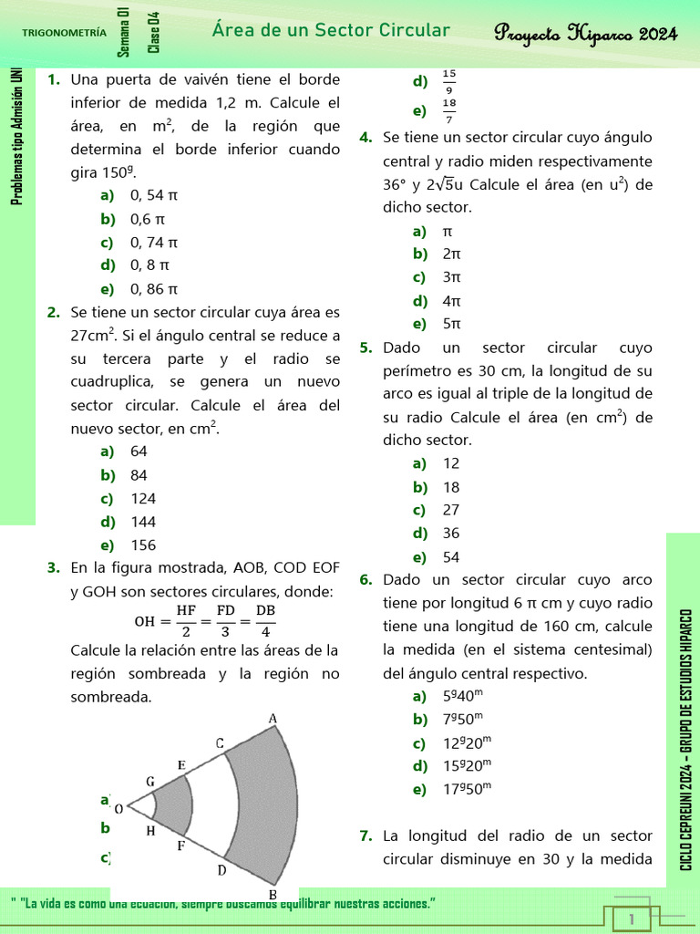 Ficha Semana 02 - Clase 01 - Tema 04 Área de Un Sector Circular ...