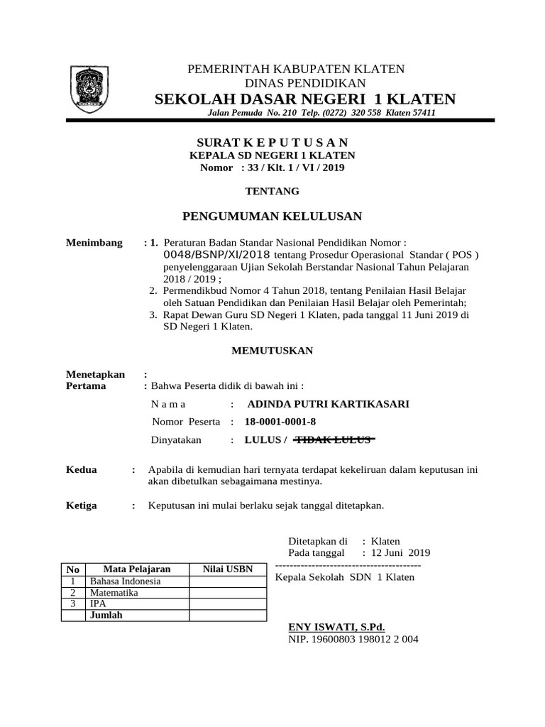 Contoh Format Pengumuman Kelulusan Dan Laporan Kilat | PDF