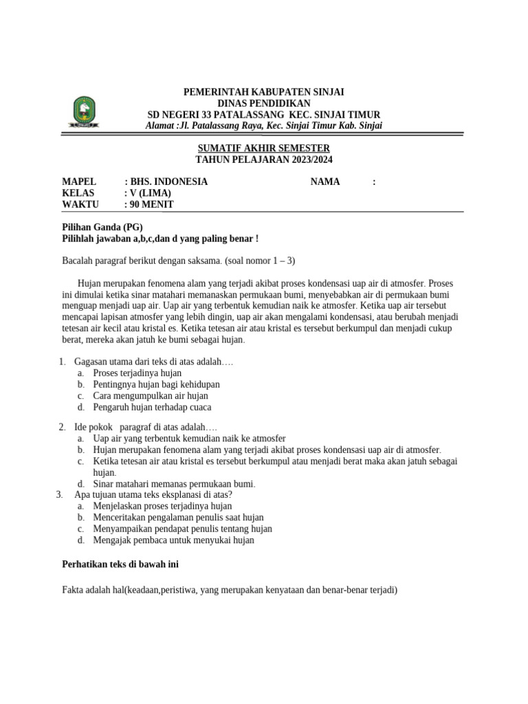 Soal AKM B.indo Kelas 5 SMTR 2 2024 | PDF