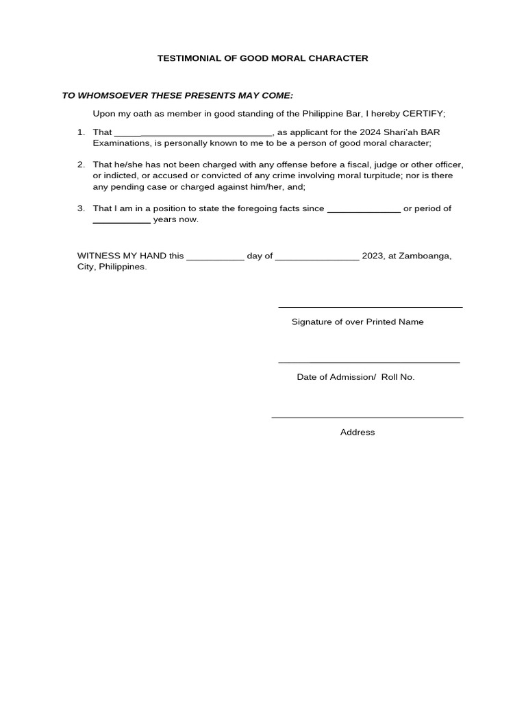 TESTIMONIAL OF GOOD MORAL CHARACTEr Blank | PDF | Criminal Justice ...