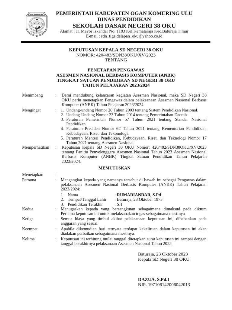 SK Pengawas ANBK Tahun 2021 Tingkat Satuan Pendidikan | PDF