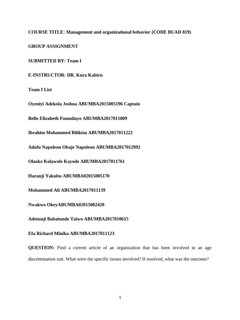Team Assignment Buad 819 | PDF | Civil Rights Act Of 1964 | Ageism