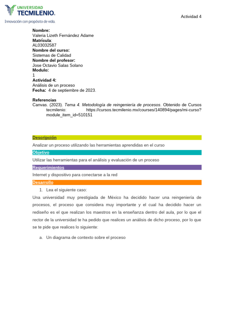 Sistemas de Calidad - Actividad 4 | PDF | Enseñando | Calidad (comercial)