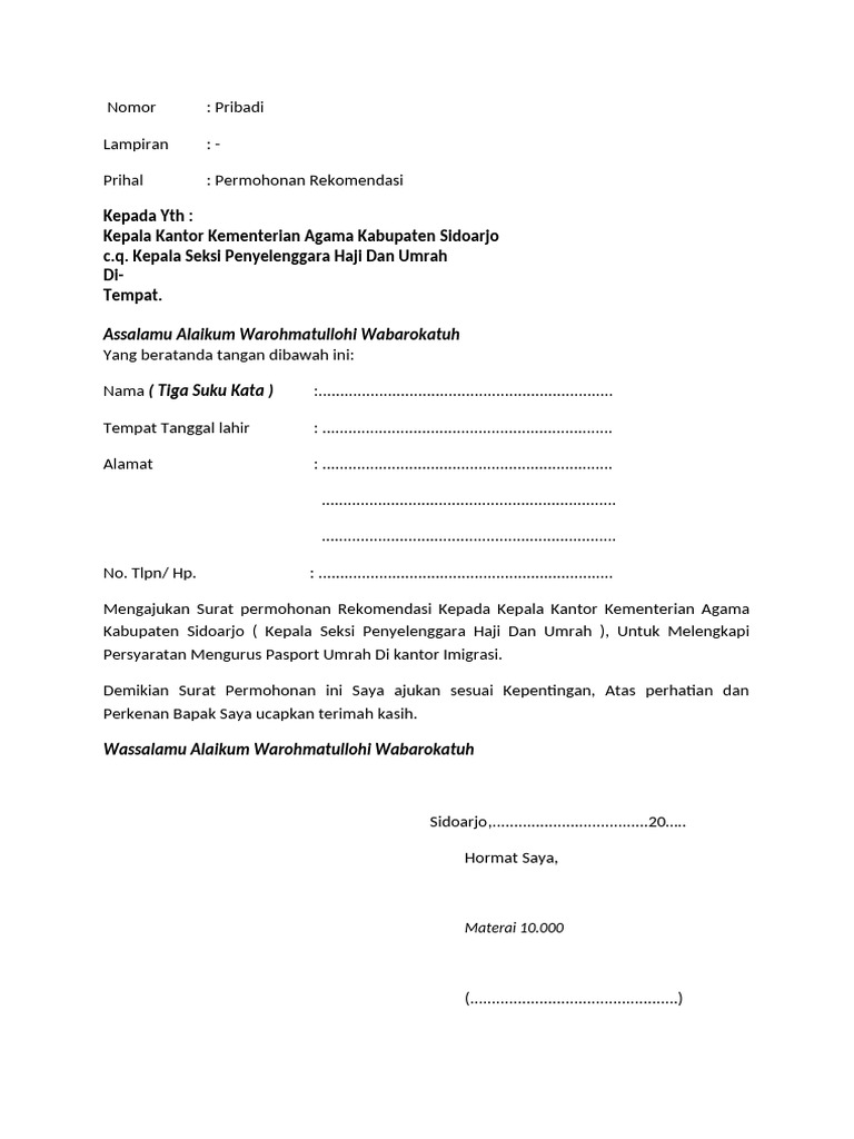 Form Surat Permohonan Rekomendasi Pembuatan Paspor | PDF