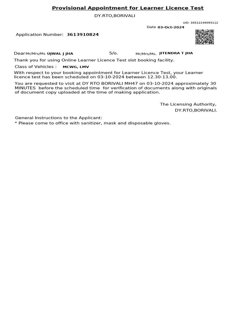 Provisional Appointment For Learner Licence Test | PDF | Business