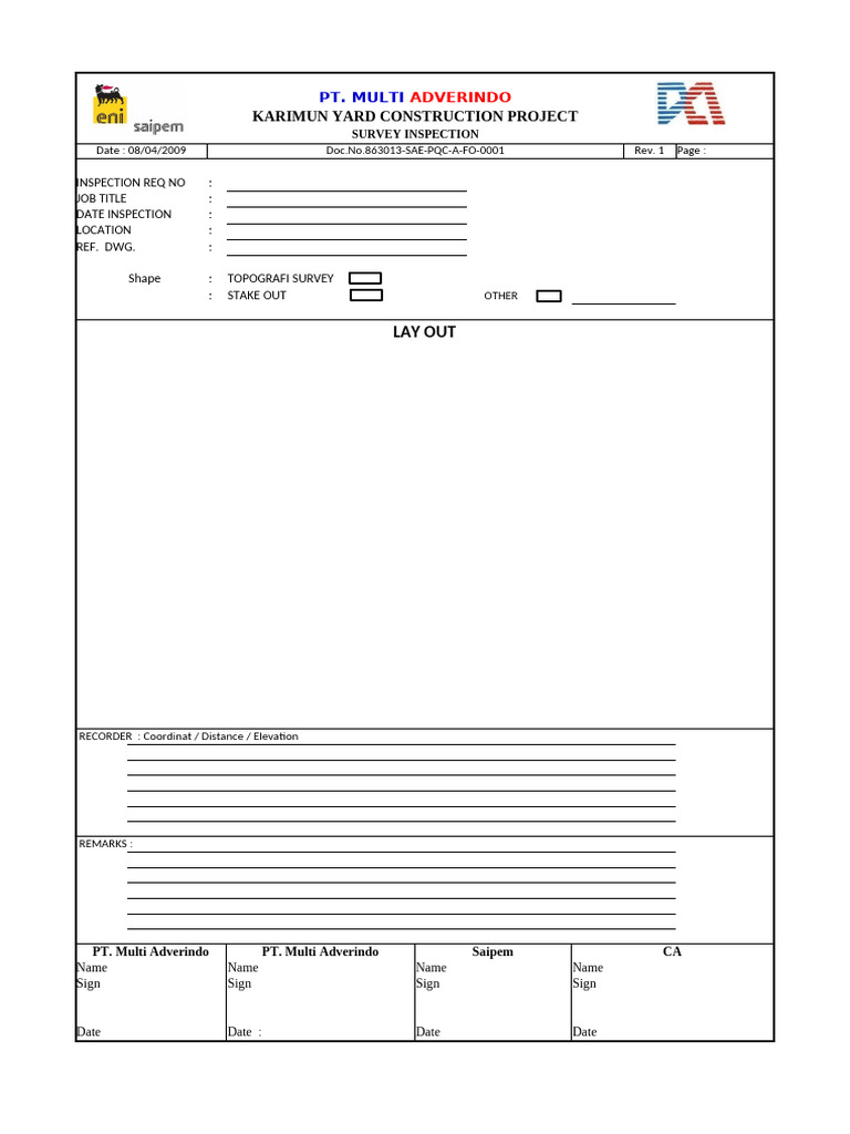 863013-SAE-PQC-A-FO-0001 Rev.1 Form Survey Inspection | PDF