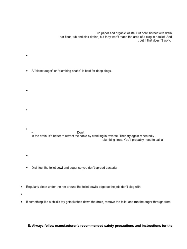 Auger Method Clogged Toilet - PrintableInstructions | PDF | Plumbing