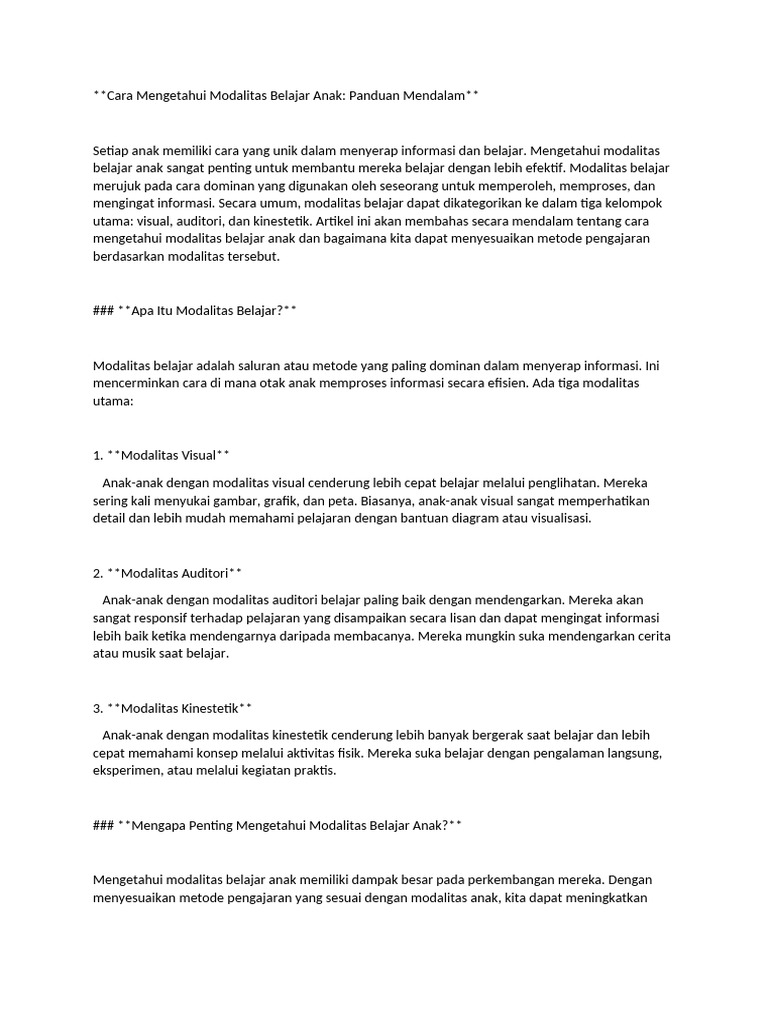 Modalitas Belajar Anak: Panduan Identifikasi | PDF | Pengembangan Diri ...