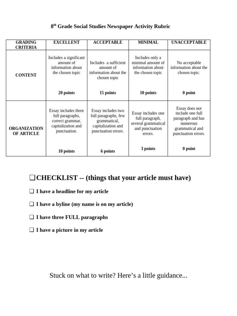 Newspaper Activity Rubric | PDF | Rubric (Academic) | Language Mechanics