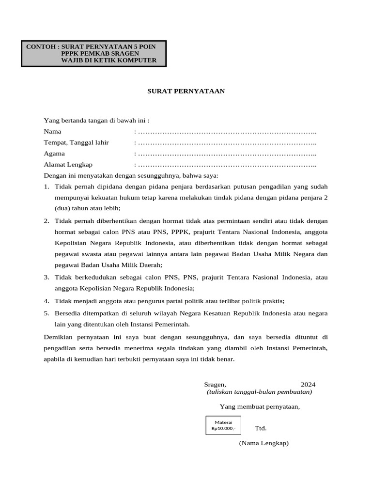 Contoh Surat Pernyataan 5 Poin PPPK | PDF