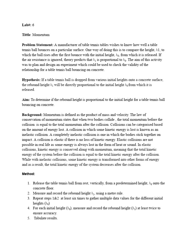 Table Tennis Ball Bounce Experiment | PDF | Collision | Momentum