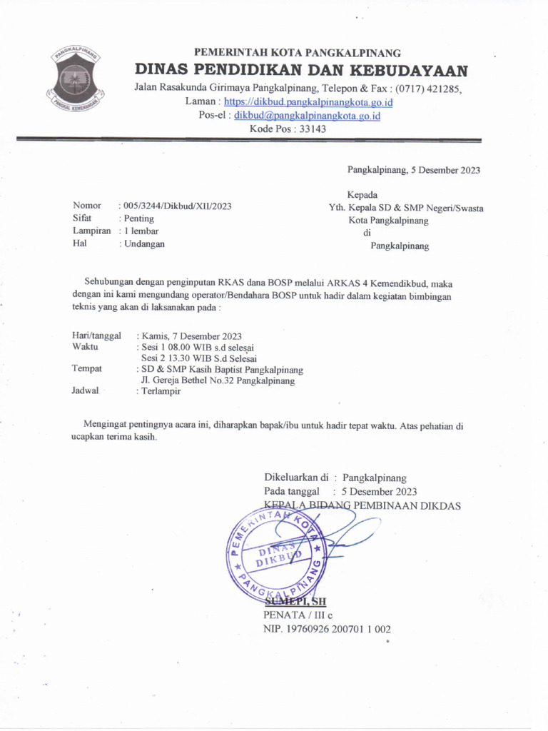 Surat Undangan Bimtek Arkas | PDF