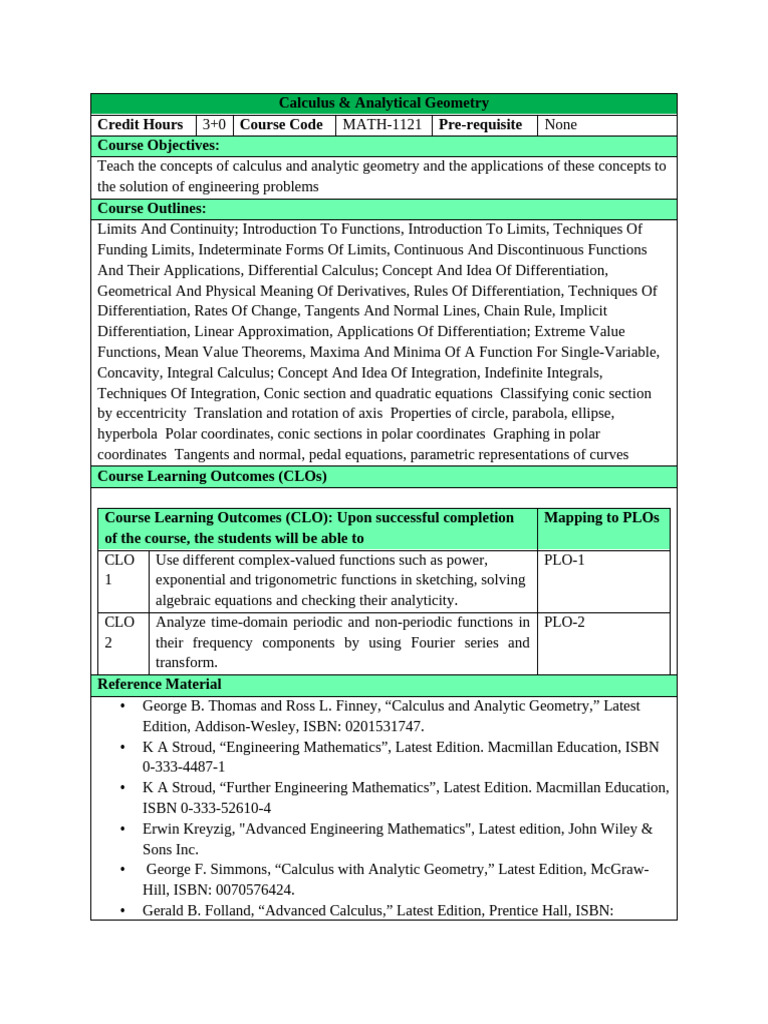 Calculus and Analytic Geometry Course Outline | PDF | Analytic Geometry ...