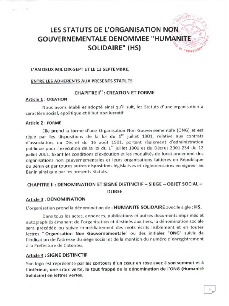 Statut ONG HS Benin | PDF