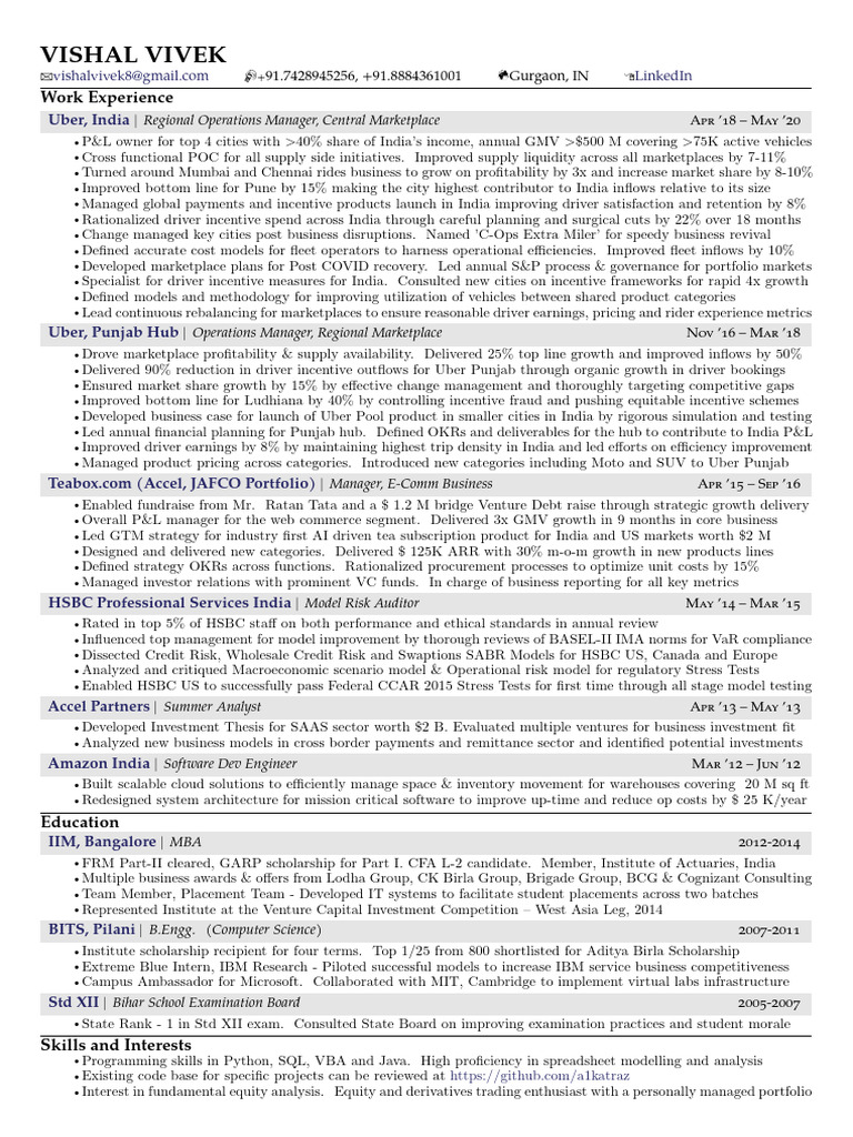 Resume - Vishal Vivek | PDF | Economies