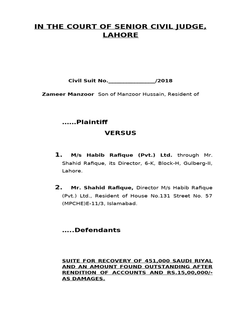 Civil Suit for Salary Recovery in Lahore | PDF | Lawsuit | Damages