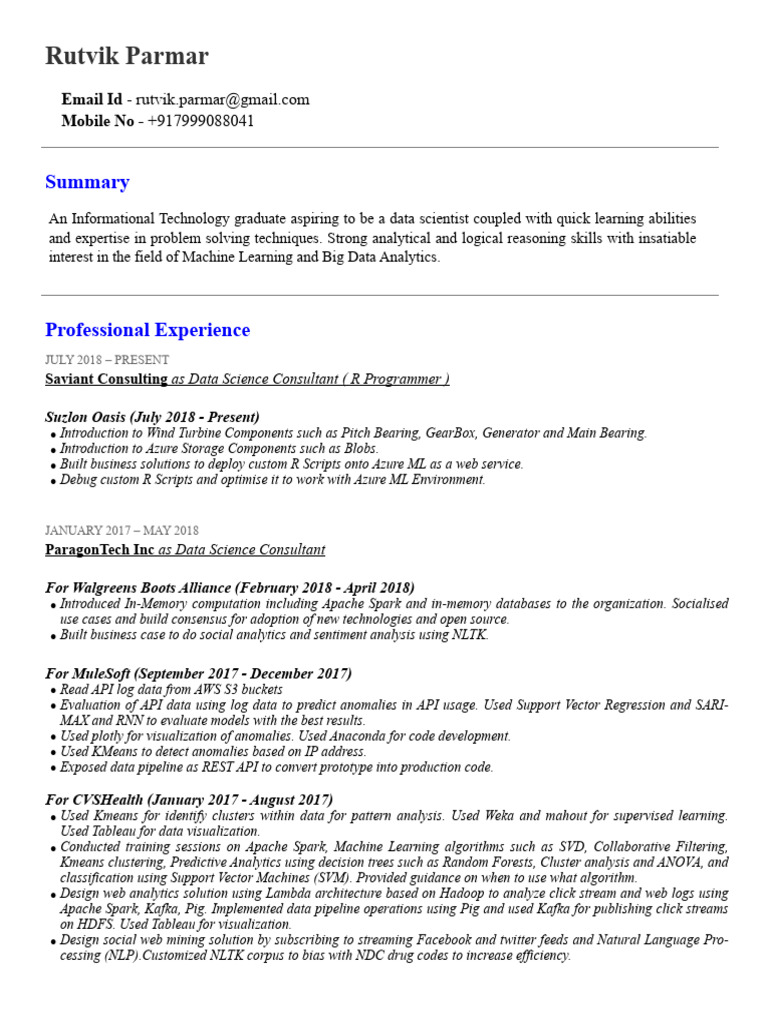 Data Science Consultant Resume | PDF | Apache Spark | Machine Learning