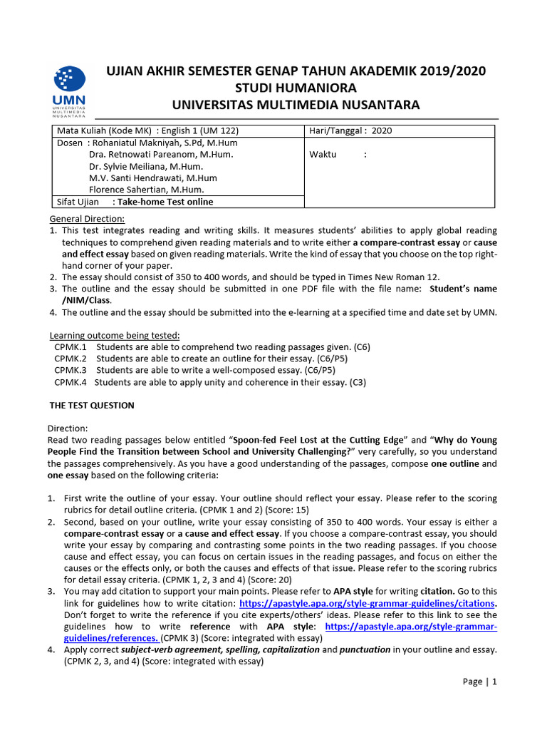takehome-SOAL UAS - ENGLISH 1 - GENAP 1920 | PDF | University | Essays