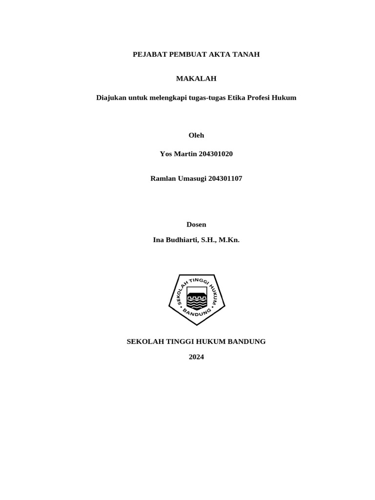 Makalah PEJABAT PEMBUAT AKTA TANAH Yos Martin | PDF | Pengelolaan Keuangan & Uang