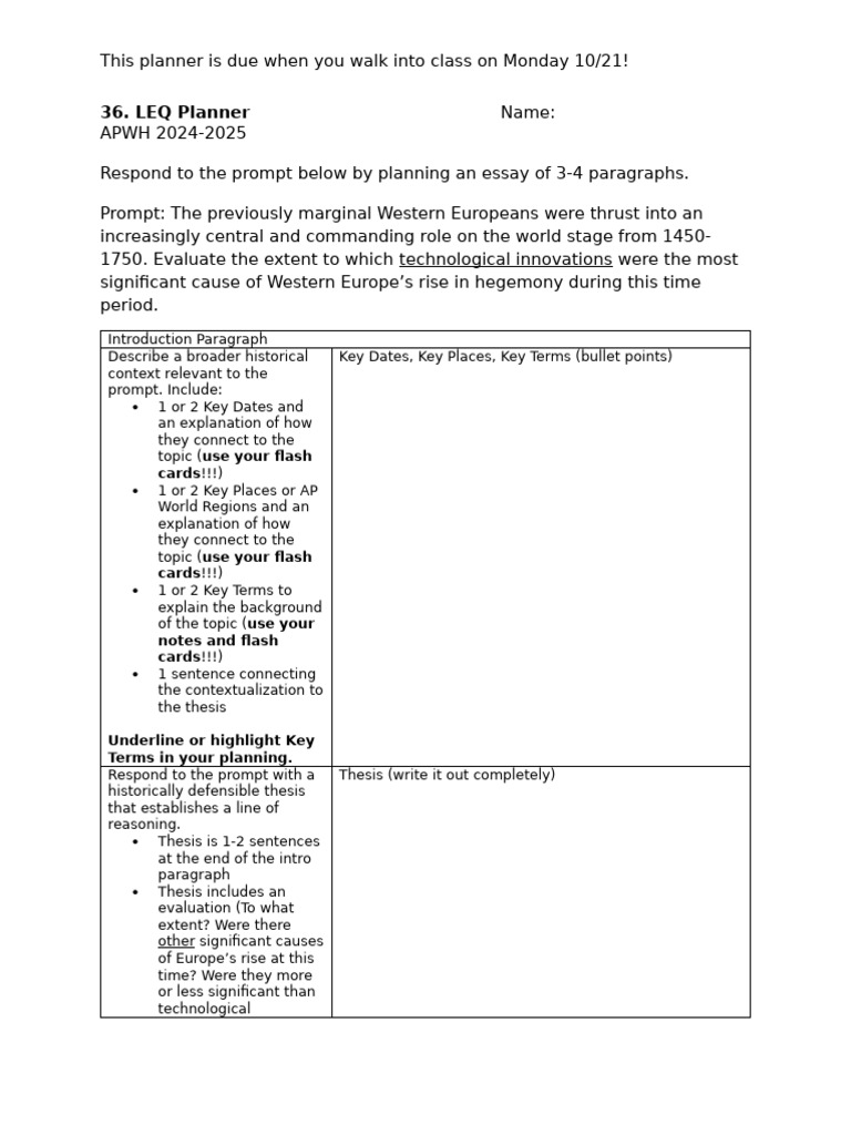 APWH LEQ Planning Guide: 1450-1750 | PDF | Language Arts & Discipline ...