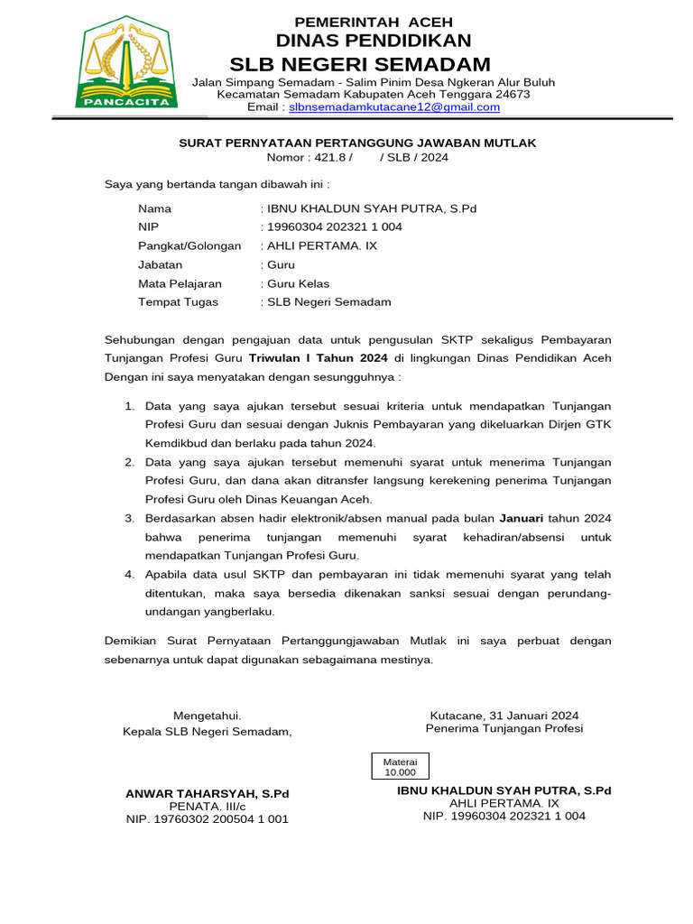 1 Form SPTJM TW - Ibnu Khaldun Syah Putra 2023 | PDF