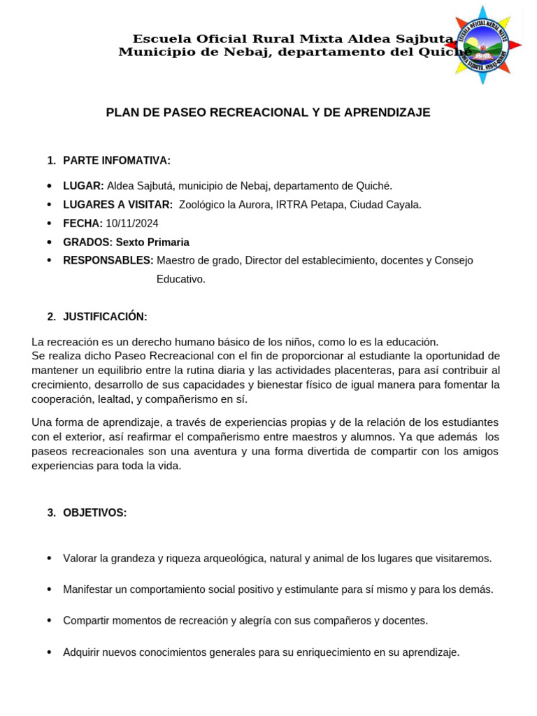 PLAN DE EXCURSION | PDF | Aprendizaje | Modificación de comportamiento