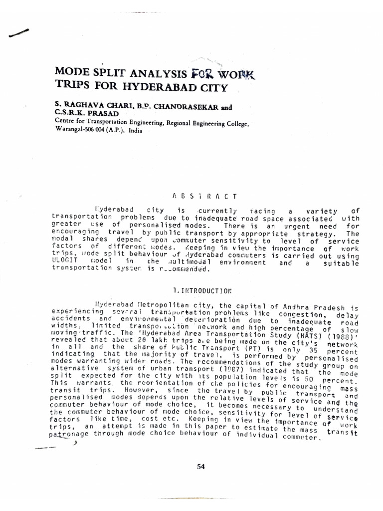 Mode Split Analysis For Work Trips For Hyderabad City | PDF | Economies ...