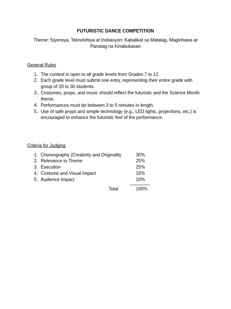 FUTURISTIC DANCE COMPETITION Mechanics | PDF