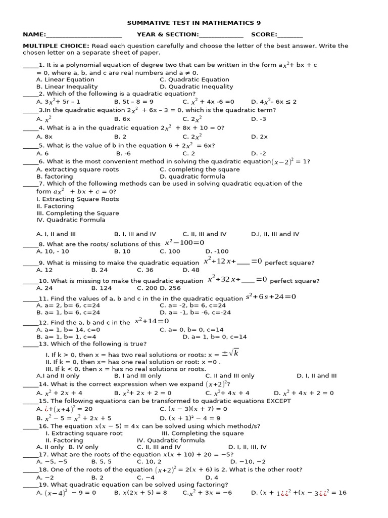 Mathematics 9 Summative Test on Quadratics | PDF | Quadratic Equation ...