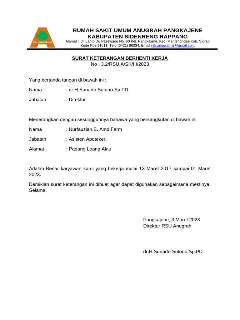 Surat Berhenti Kerja Ocha | PDF