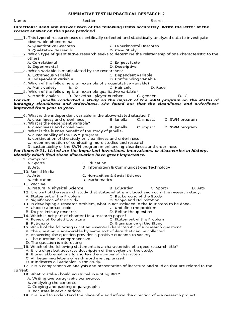 Summative Test in Practical Research 2 | PDF | Quantitative Research ...