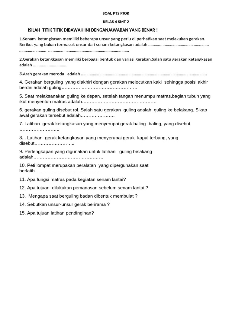 SOAL PTS PJOK Kelas 4 SMT 2 | PDF | Pengembangan Diri | Sejarah