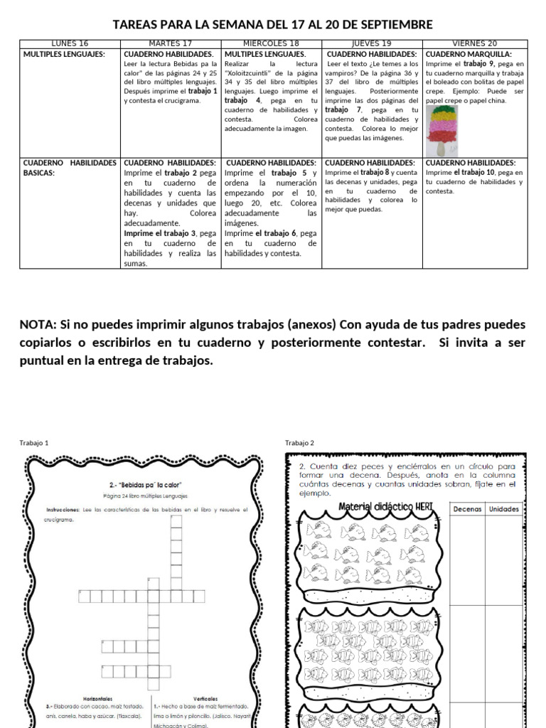 Tareas 2° para La Semana Del 17 Al 20 de Septiembre | PDF