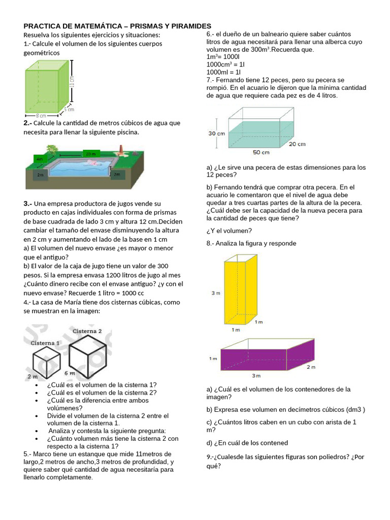 PRACTICA DomiciliariaDE MATEMÁTICA-prismas. | PDF | Volumen | Litro