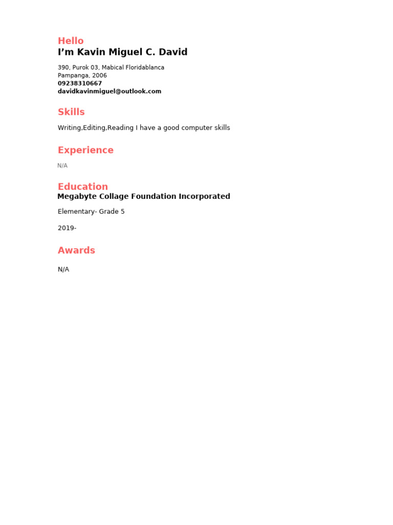 Resume Kavin Miguel C. David | PDF | Self-Improvement | Wellness