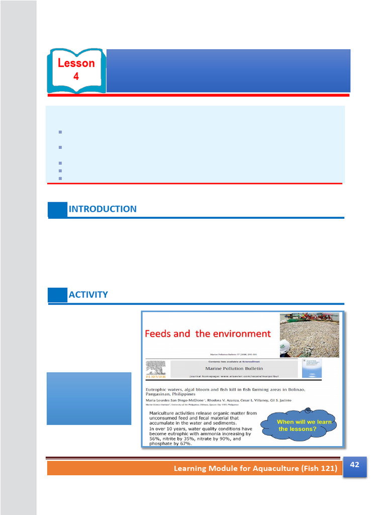 Module 2 (Lesson 4_Feeding, Water Quality, And the Environment) | PDF | Aquaculture | Nutrients