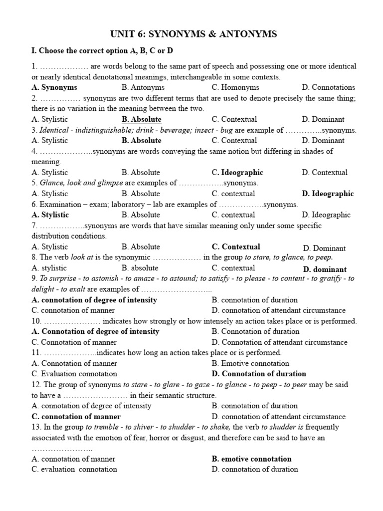 Unit 6 - Synonyms & Antonyms | PDF | Semantics | Word