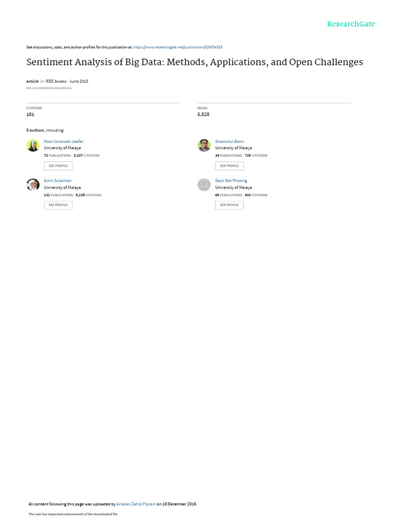 Sentiment Analysis of Big Data Methods Applications and Open Challenges | PDF | Machine Learning ...