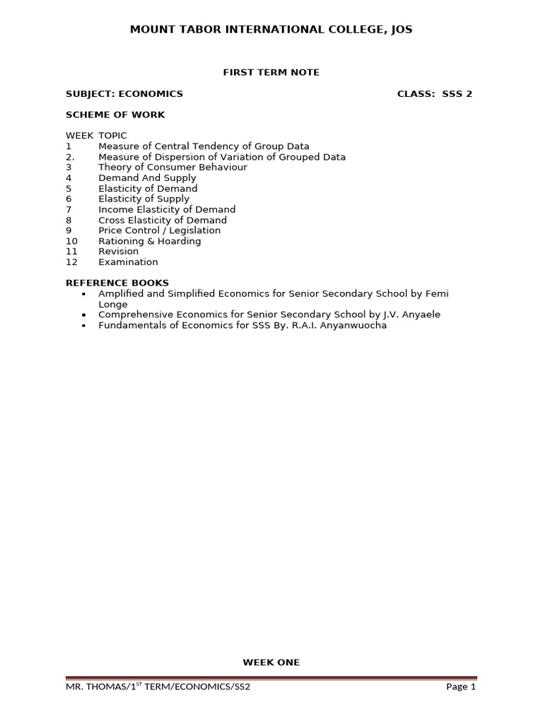 Economics SSS2 First Term Notes | PDF | Elasticity (Economics) | Demand