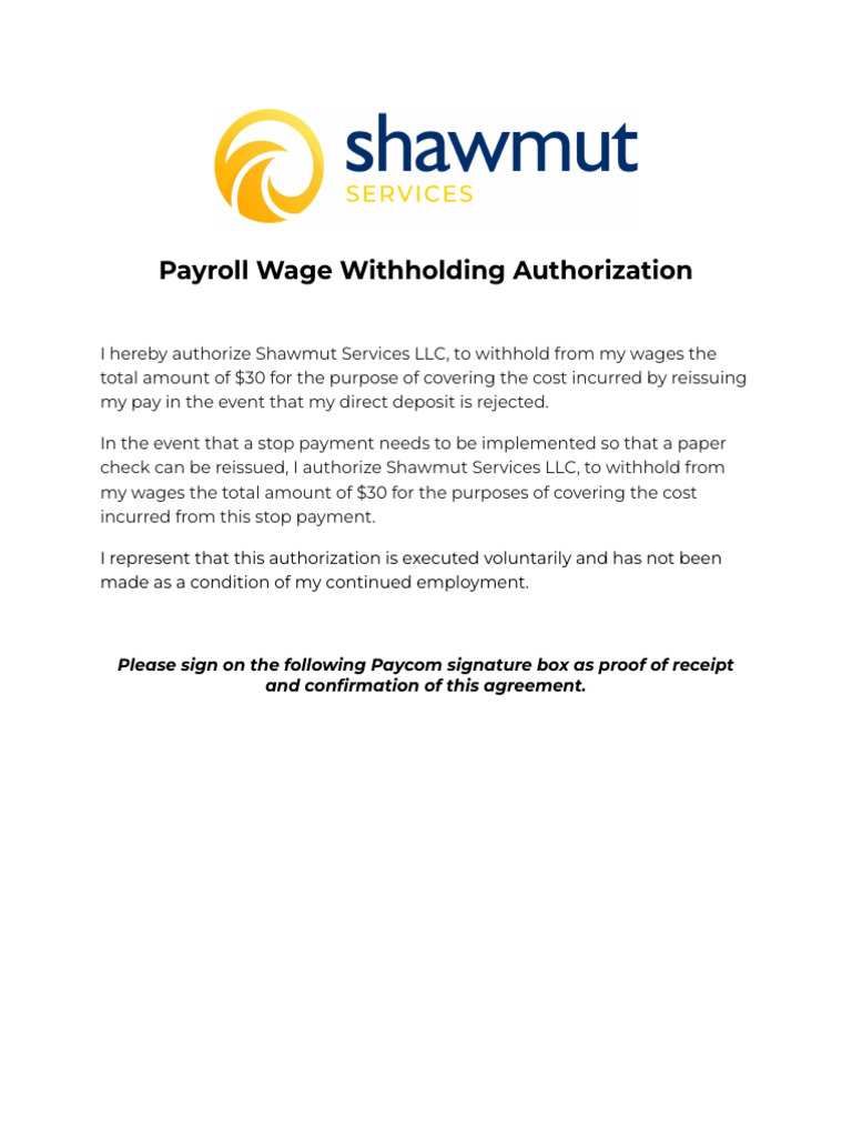 Paycom Version - Payroll Wage Withholding Authorization - Direct Deposit | PDF