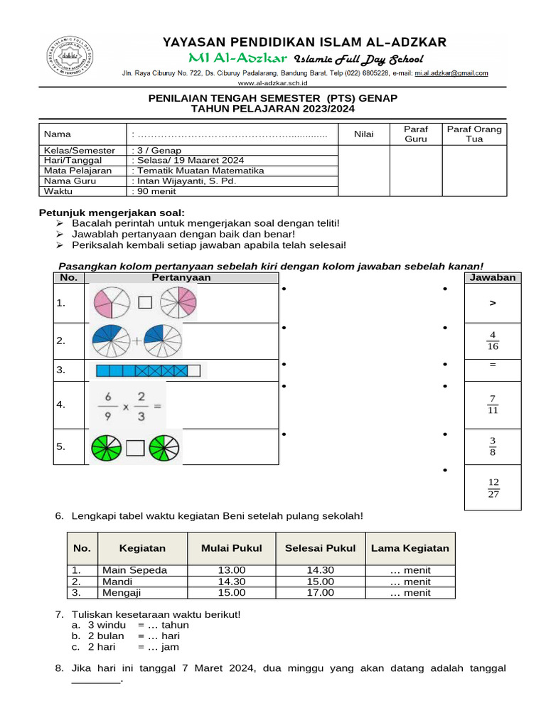 Soal Pts SMT 2 Mat Kelas 3 Ta 2324 | PDF