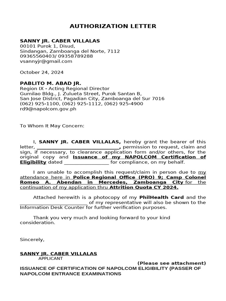 Authorization Letter For Napolcom Eligibility | PDF | Government And ...